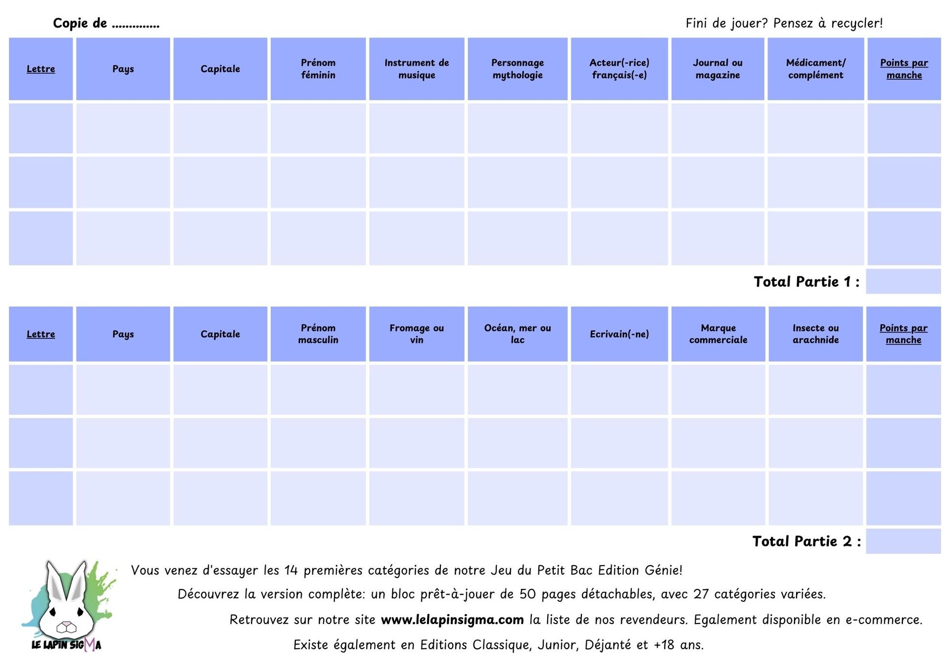 Jeu du Petit Bac / Jeu du baccalauréat par le Lapin Sigma