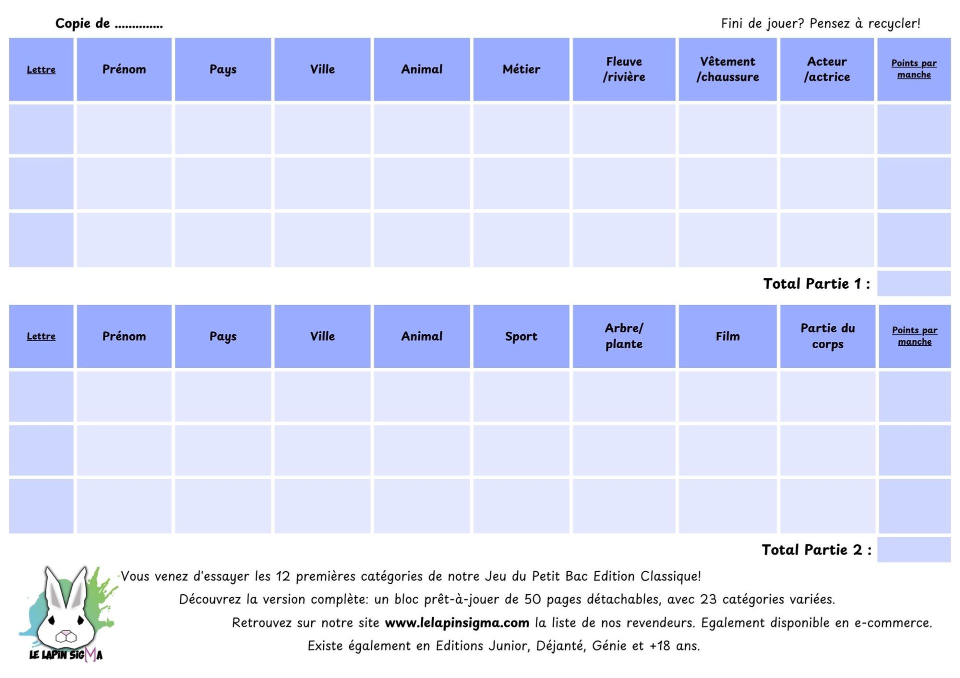 Jeu du Petit Bac / Jeu du baccalauréat par le Lapin Sigma