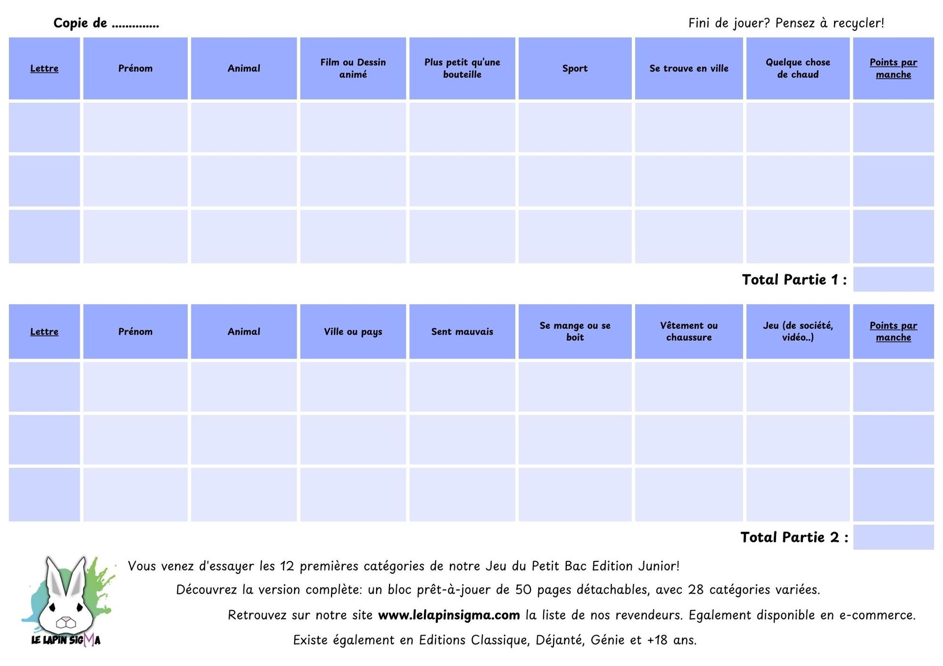 Jeu du Petit Bac / Jeu du baccalauréat par le Lapin Sigma